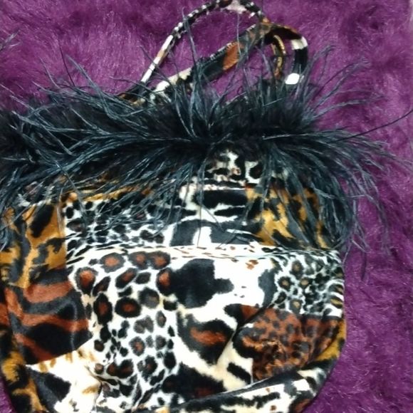 Bags | Vintage Lookingfuzzy Animal Print Fabric Feather Trimmed Purse ...
